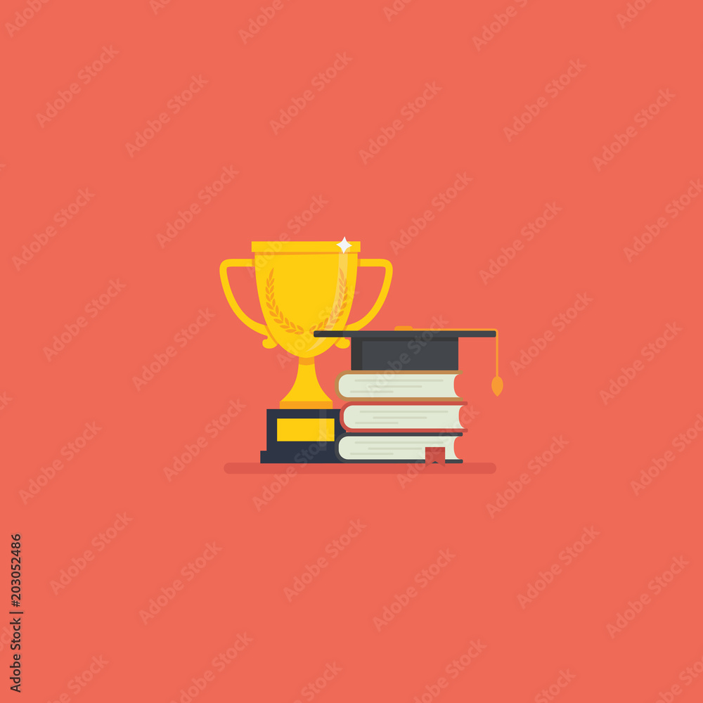 Graduation Awards. graduation cap with champion golden trophy and stack ...