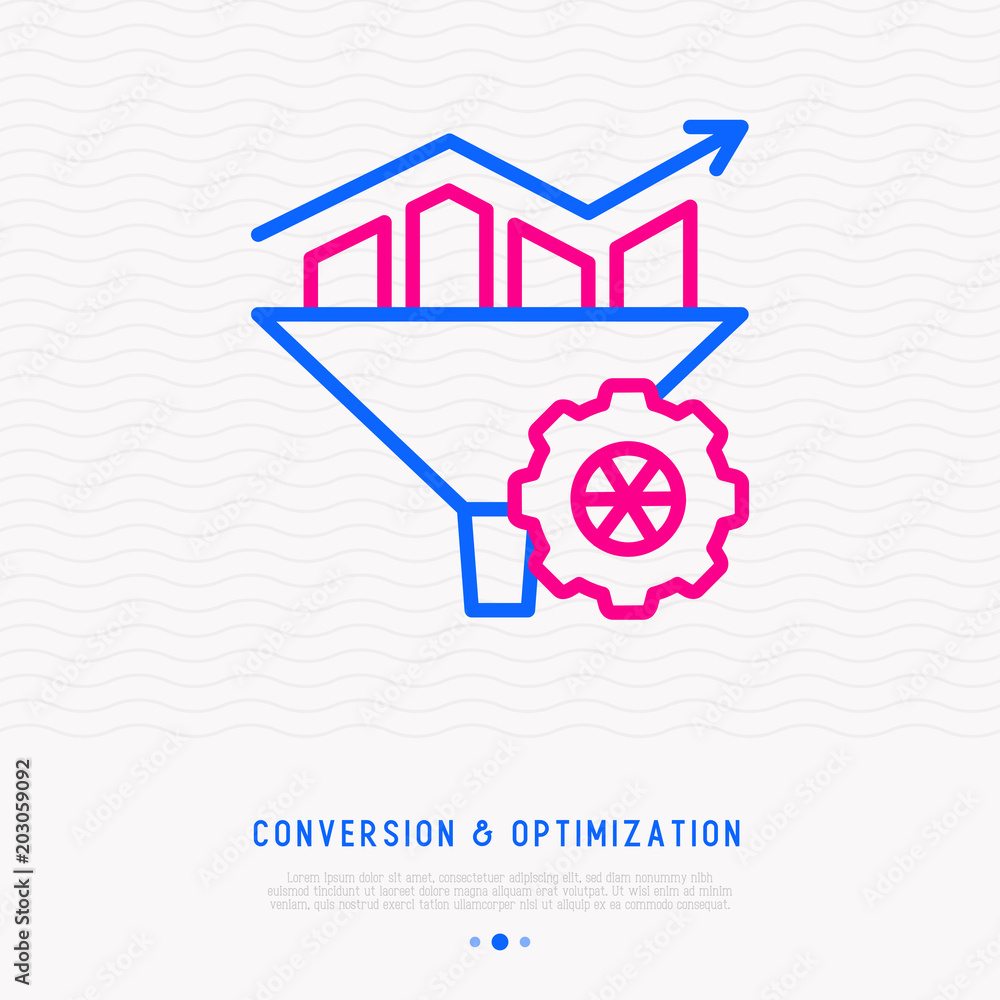 Conversion and optimization thin line icon: funnel with graph, showing ...