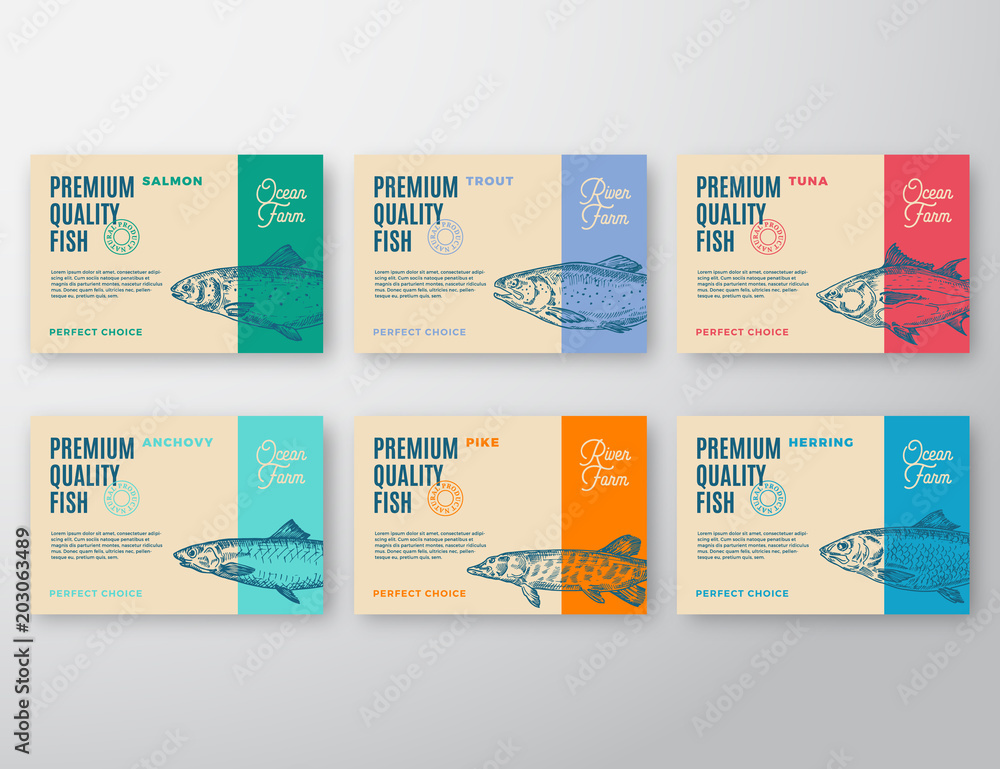 Premium Quality Fish Labels Set. Abstract Vector Packaging Design or ...