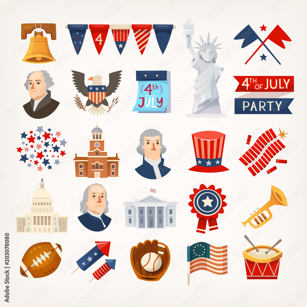 Set of colorful icons stickers and elements representing USA traditions ...