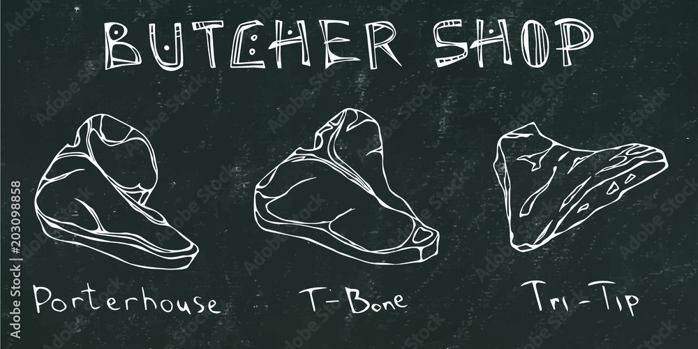Black Chalk Board Background. Most Popular Steak Types Set. Beef Cuts ...