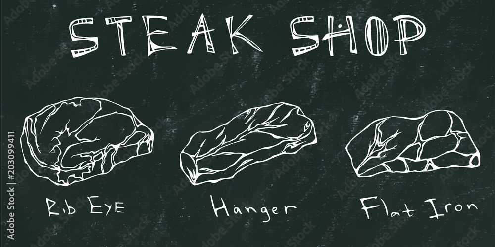Black Chalk Board Background. Most Popular Steak Types Set. Beef Cuts ...