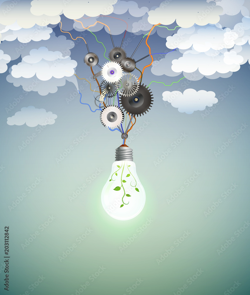Eco light bulb concept, eco energy engine, realistic light bulb with mechanic engine and with ...