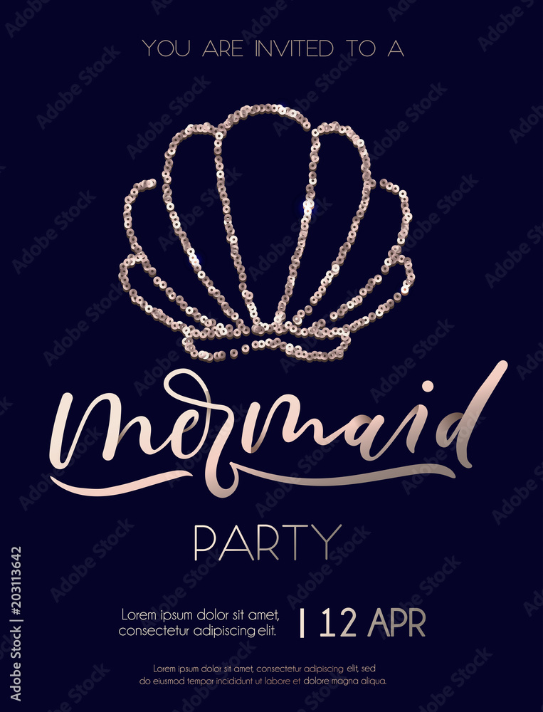 Mermaid Party invitation card with rose gols seashell and lettering ...