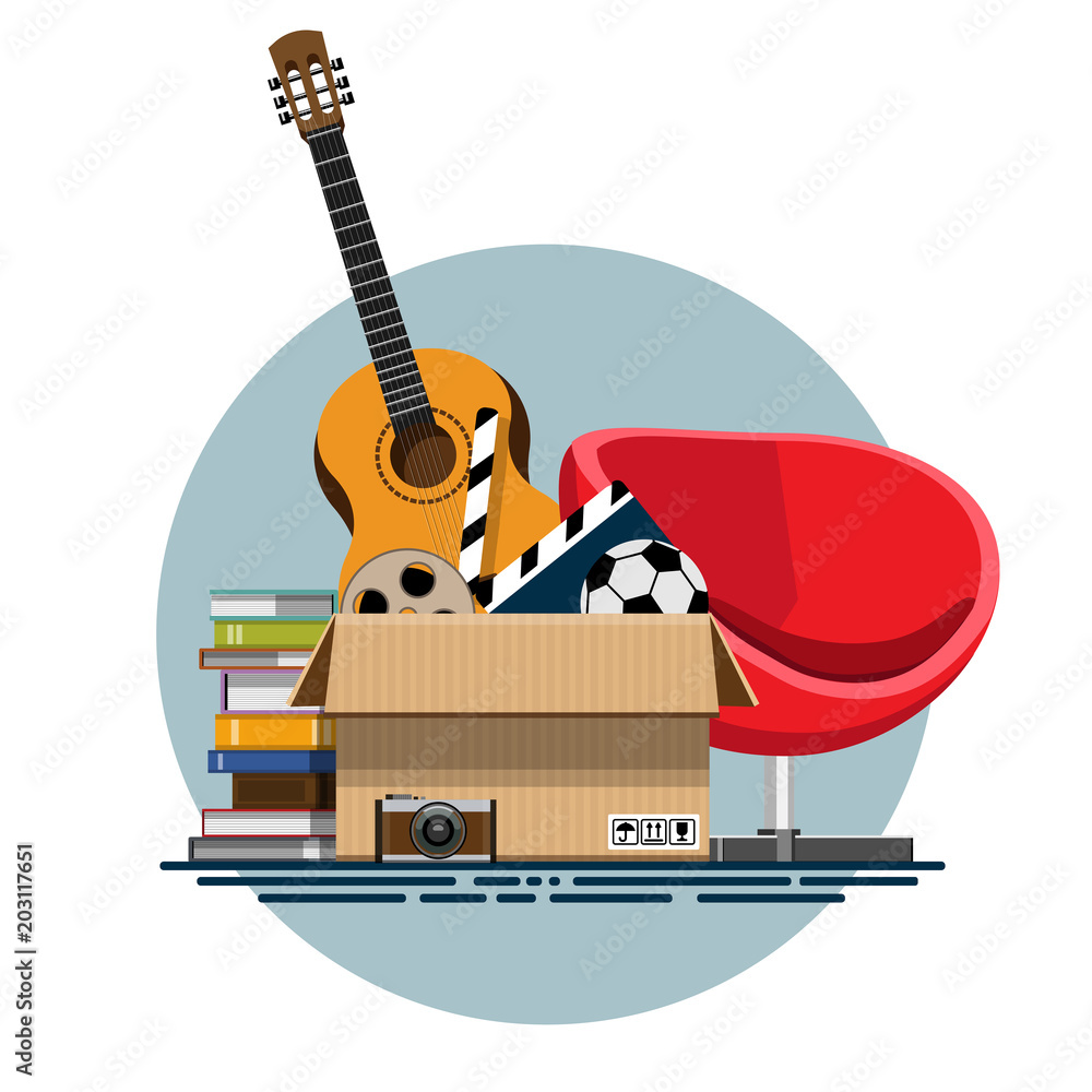 Illustration of a cardboard box with old things in a flat style. Box ...