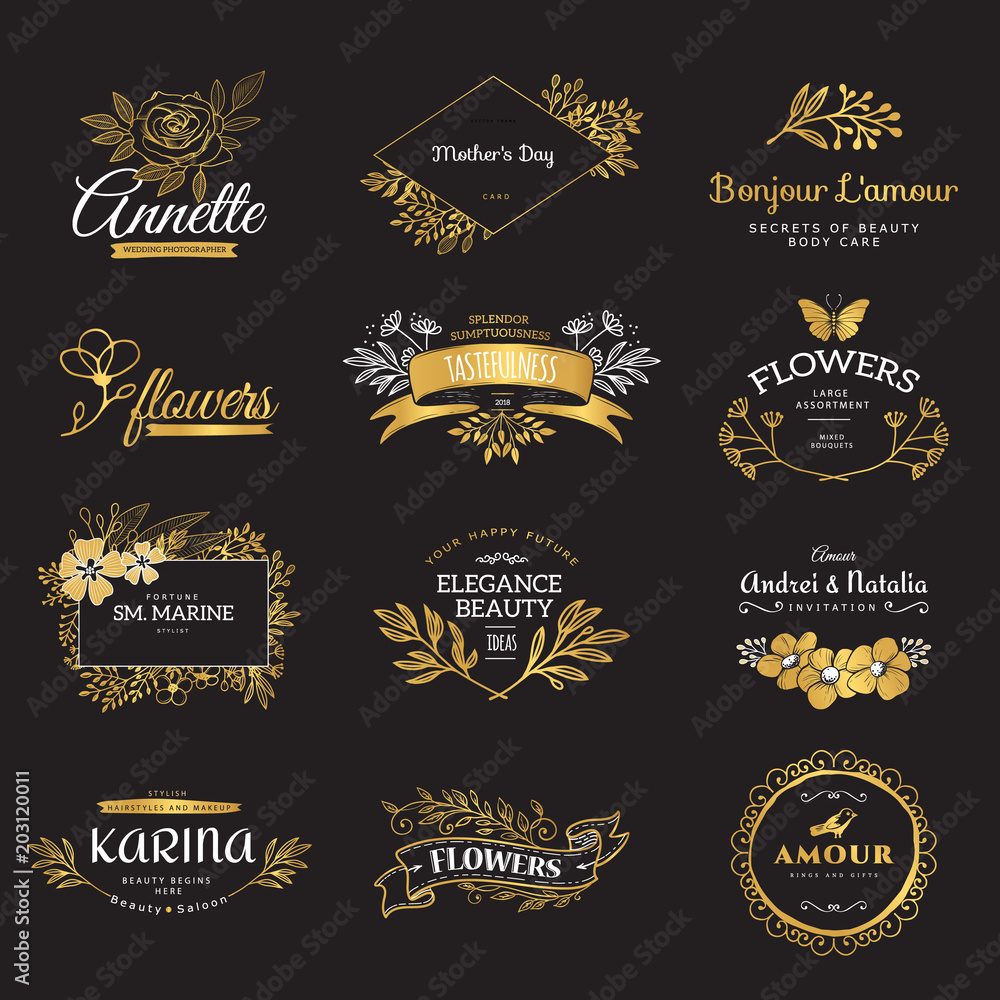 Collection of vector gold logo templates. Flourishes calligraphic ...