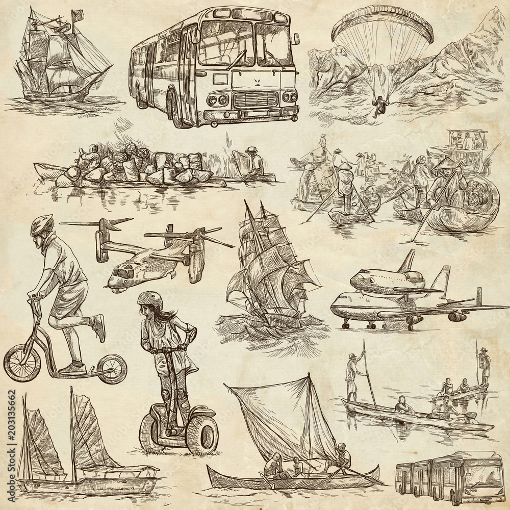 Transport, Transportation around the World - An hand drawn collection ...