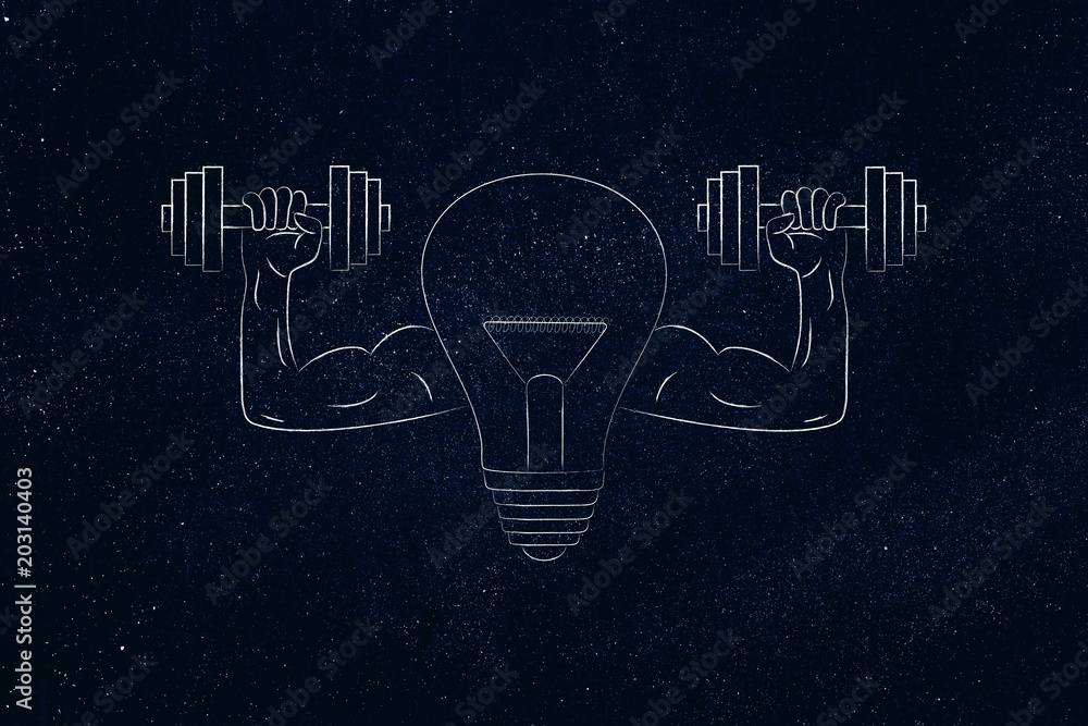 strong idea light bulb symbol with muscled arms holding dumbbells Stock ...