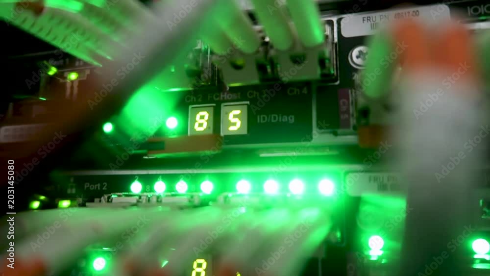 Rack Mounted Servers. Optical server. Commutator. flashing lights ...