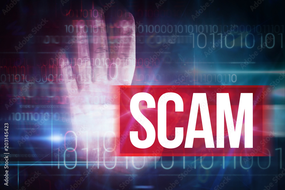 The word scam and red technology hand print design against blue ...