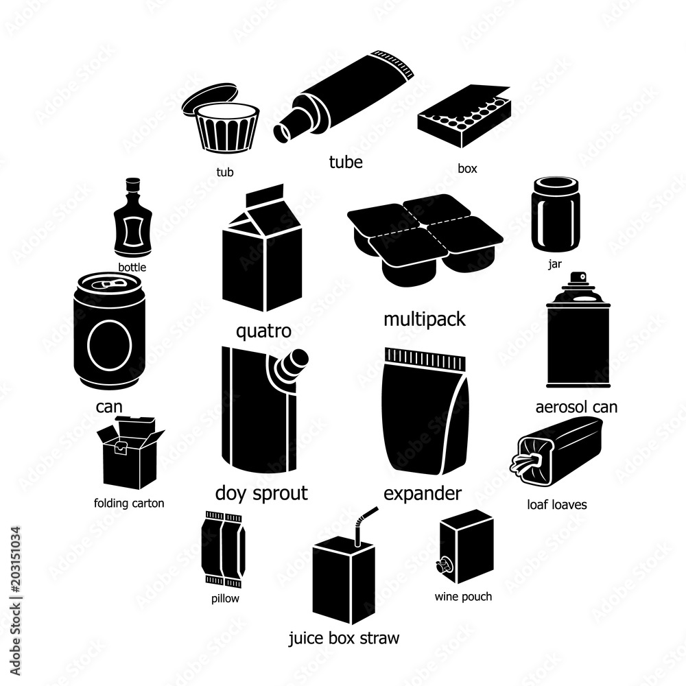 Package types icons set. Simple illustration of 16 package types vector ...