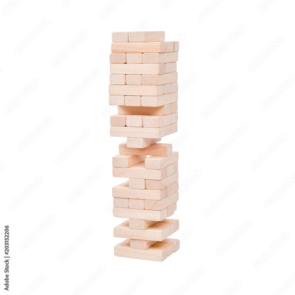 Jenga isolated on white background, stack of wooden bricks. Blocks wood ...