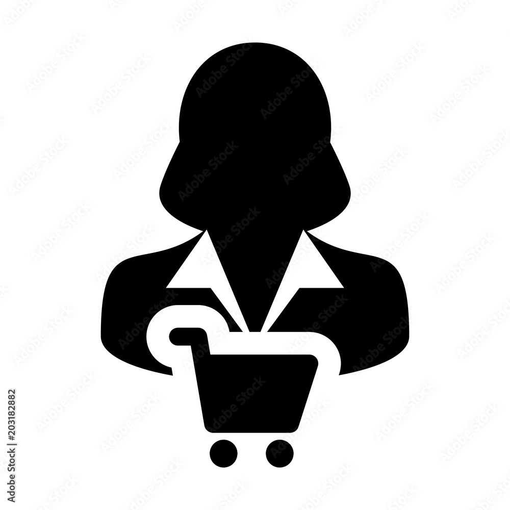 Shopping cart icon vector with female customer person profile avatar ...