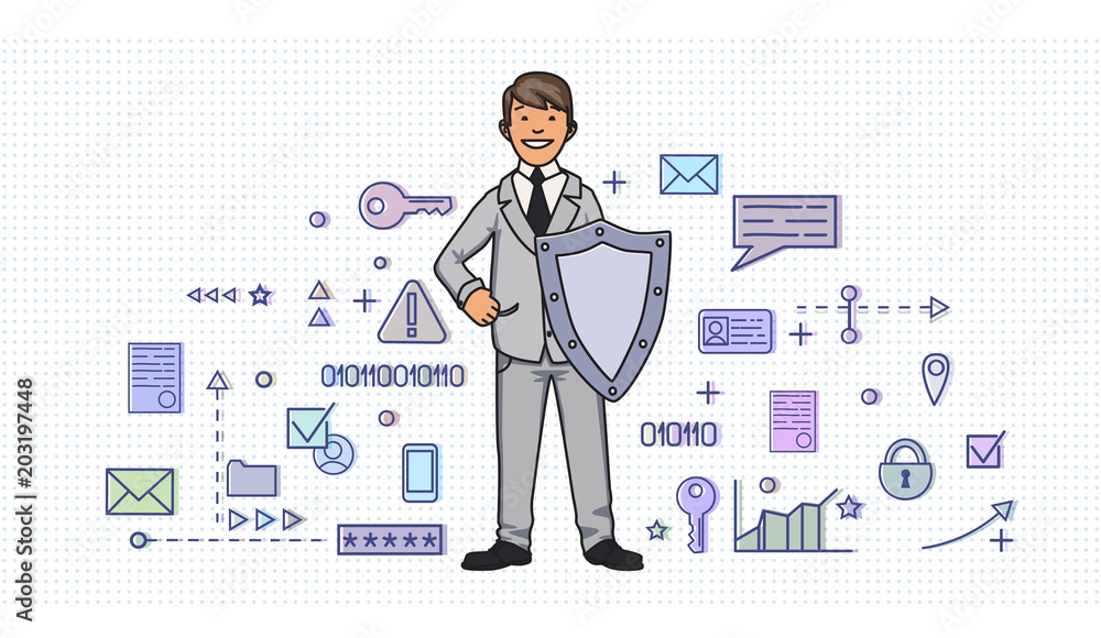 Smiling man in business suit with a shield among digital and internet ...