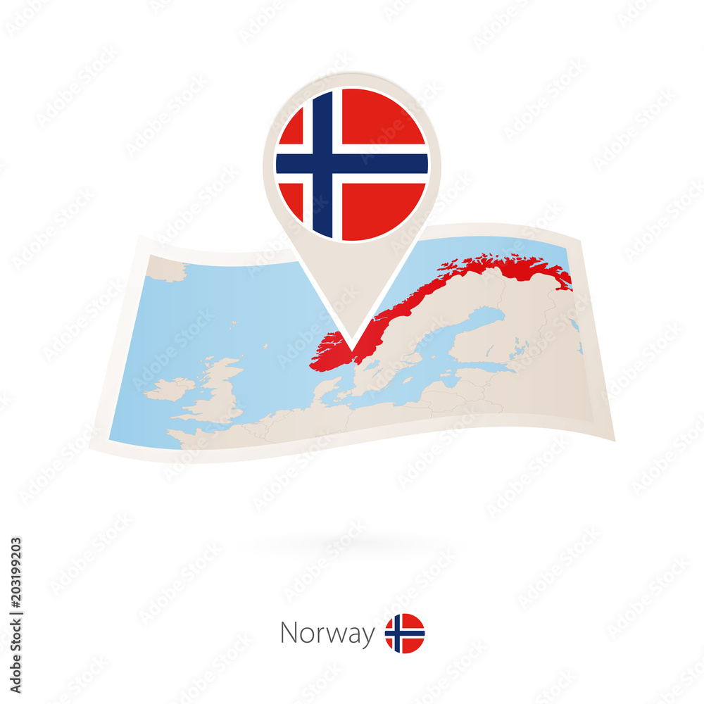 Folded paper map of Norway with flag pin of Norway. Stock Vector ...