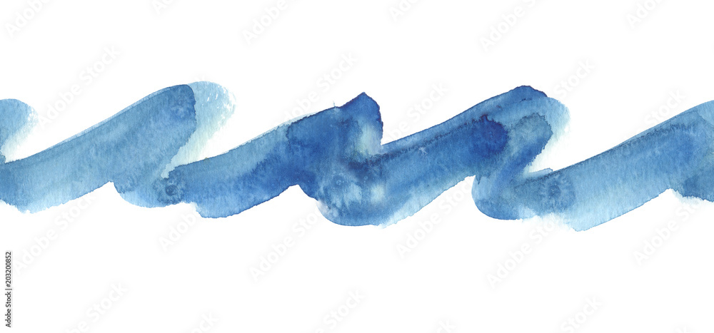 Seamless border with simple abstract blue wave painted in watercolor on ...