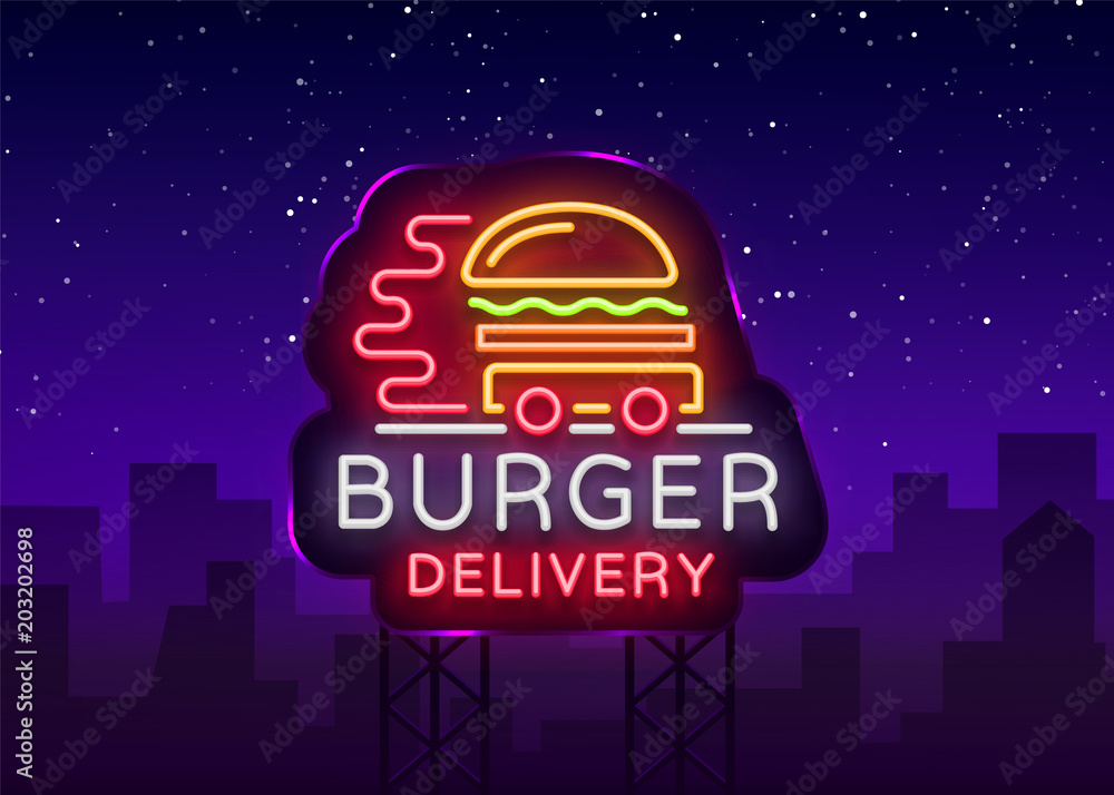 Burger delivery logo in neon style. Neon sign, light banner, design ...