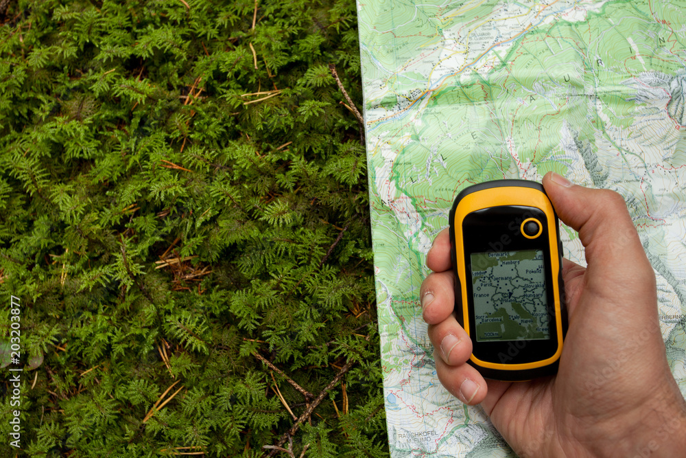 finding the right position in the forest with a map and GPS Stock Photo ...