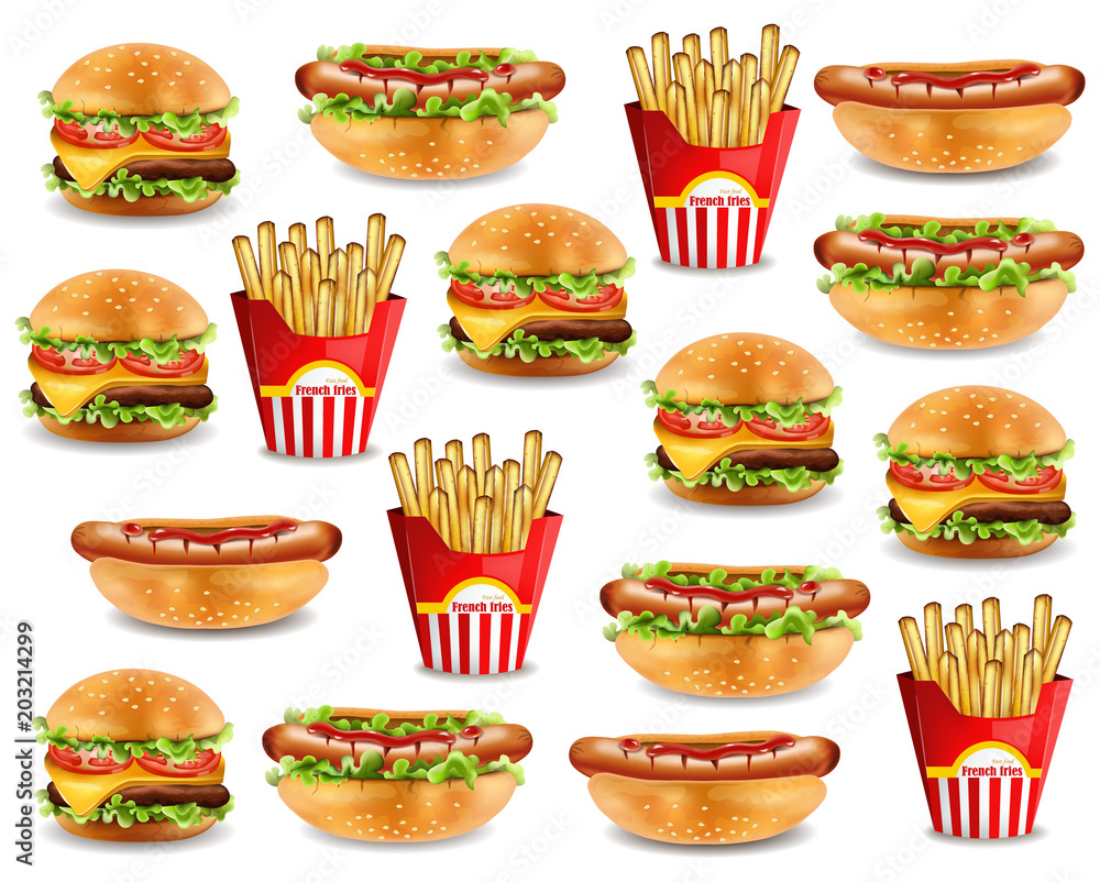 Fast food pattern with burger, hot dog, and french fries. Vector ...