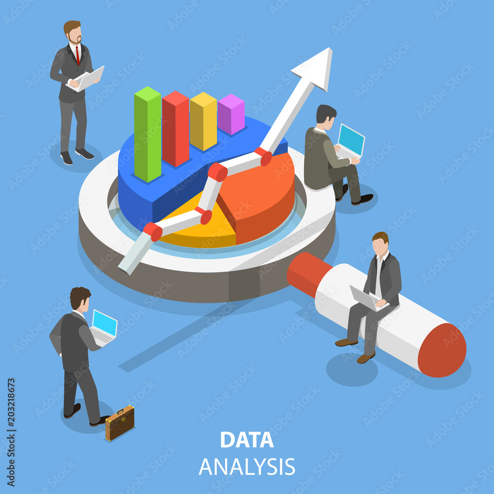 Data analysis flat isometric vector concept. A business team is ...