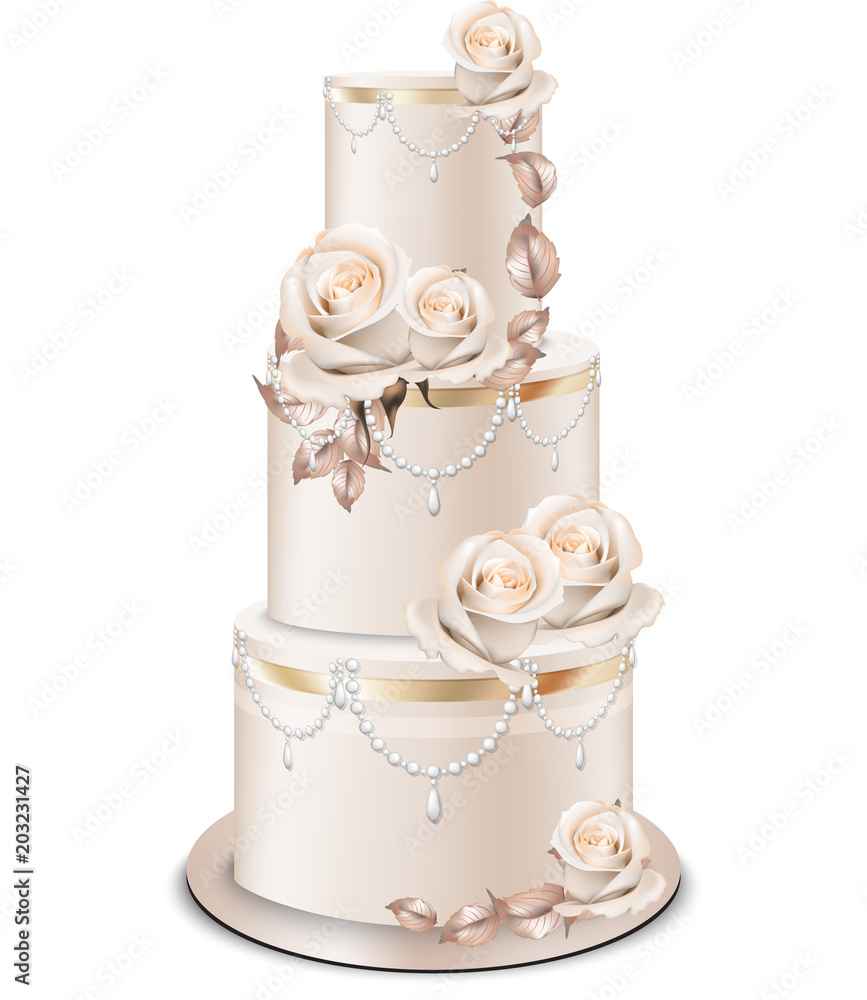 Wedding cake golden decorations and rose flowers Vector. Delicious ...