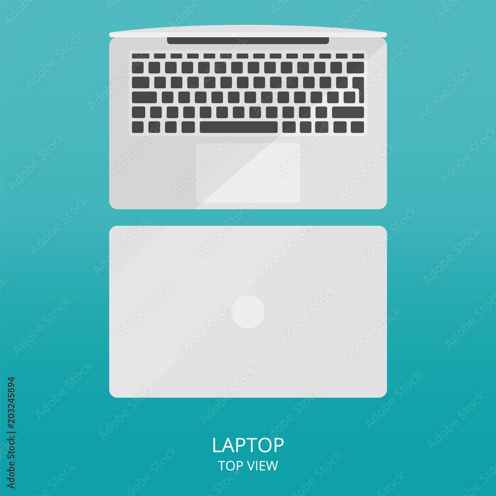 Closed and opened laptop top view. Computer symbol, device for work in ...