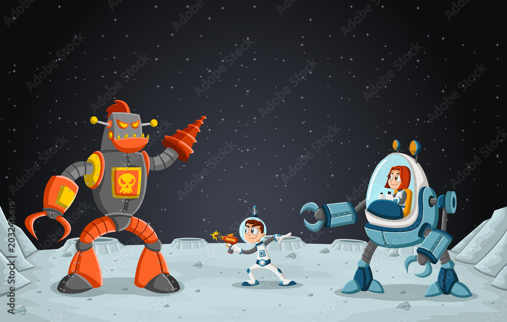 Astronaut cartoon children fighting a robot on the moon .Space ...