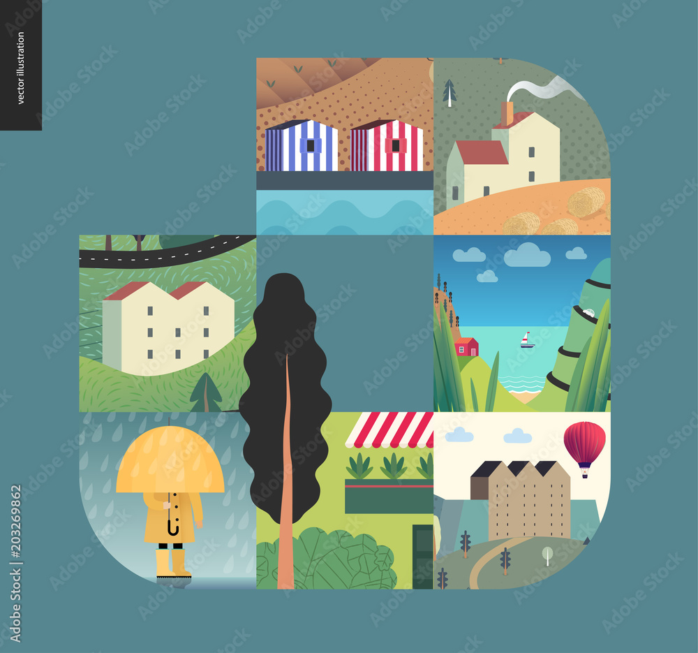 Simple things - houses - flat cartoon vector illustration of landscape ...