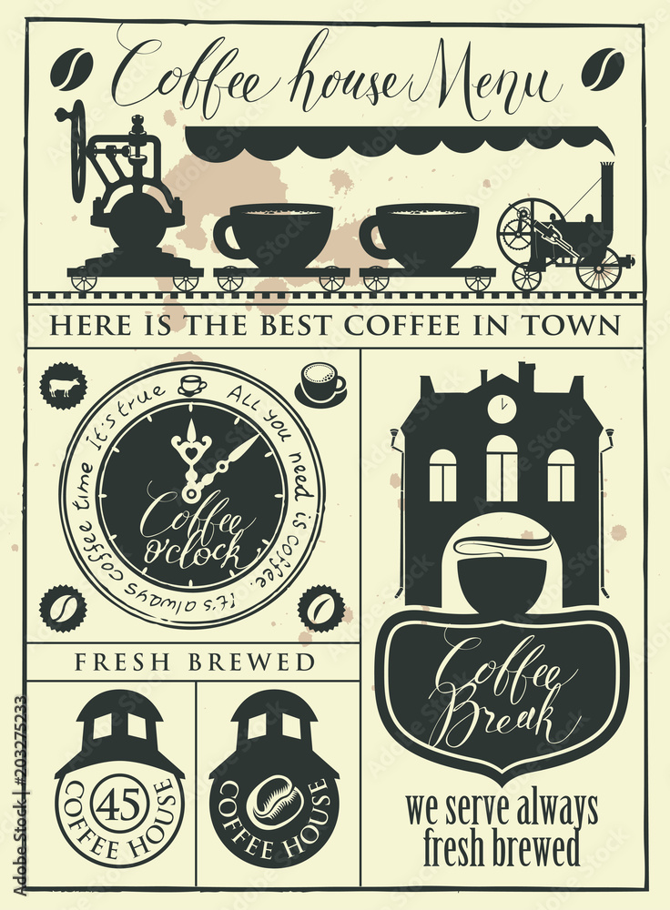 Vector set of design elements for coffee house, with handwritten ...
