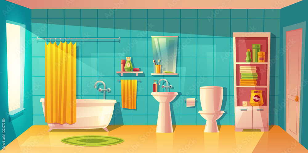Vector bathroom interior with window. Room with furniture, bathtub and ...