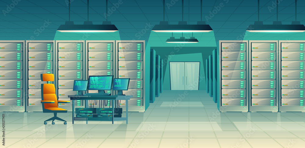 Vector set of cartoon control room with server racks, table. Database ...