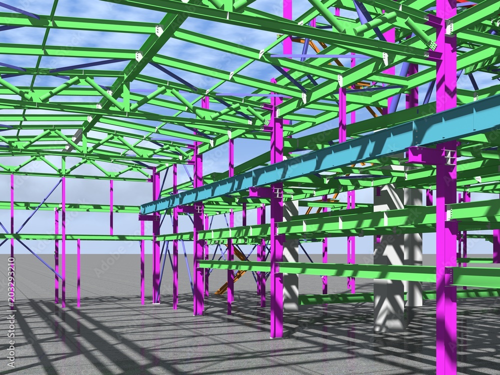 3D model of an industrial building made of metal structures. Abstract ...