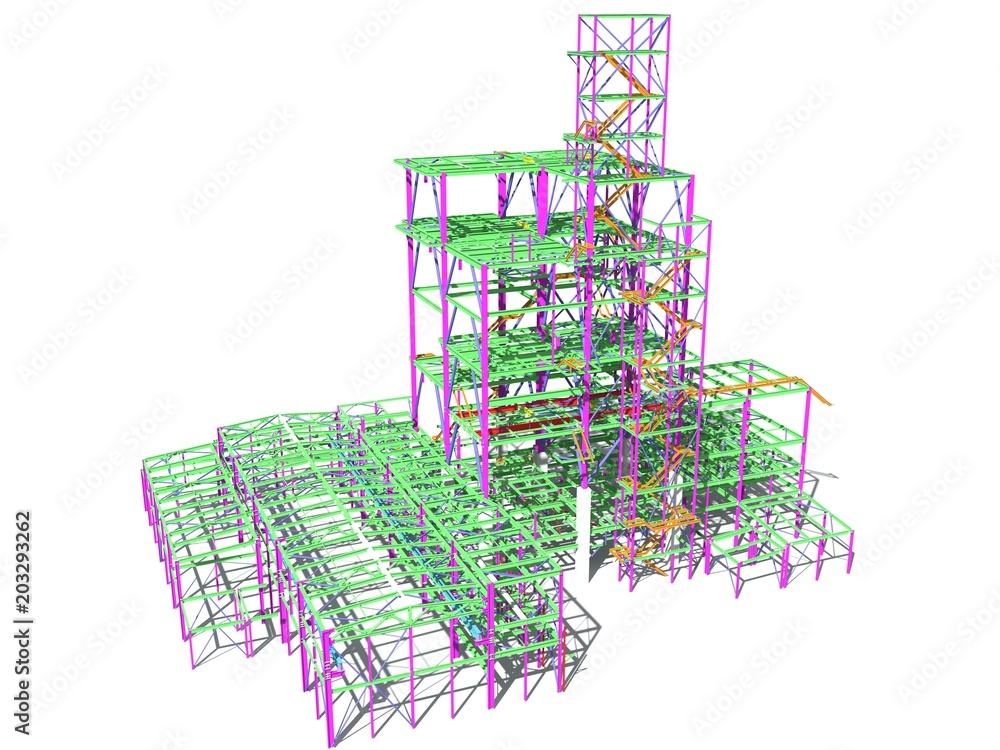 3D model of an industrial building made of metal structures. Abstract ...