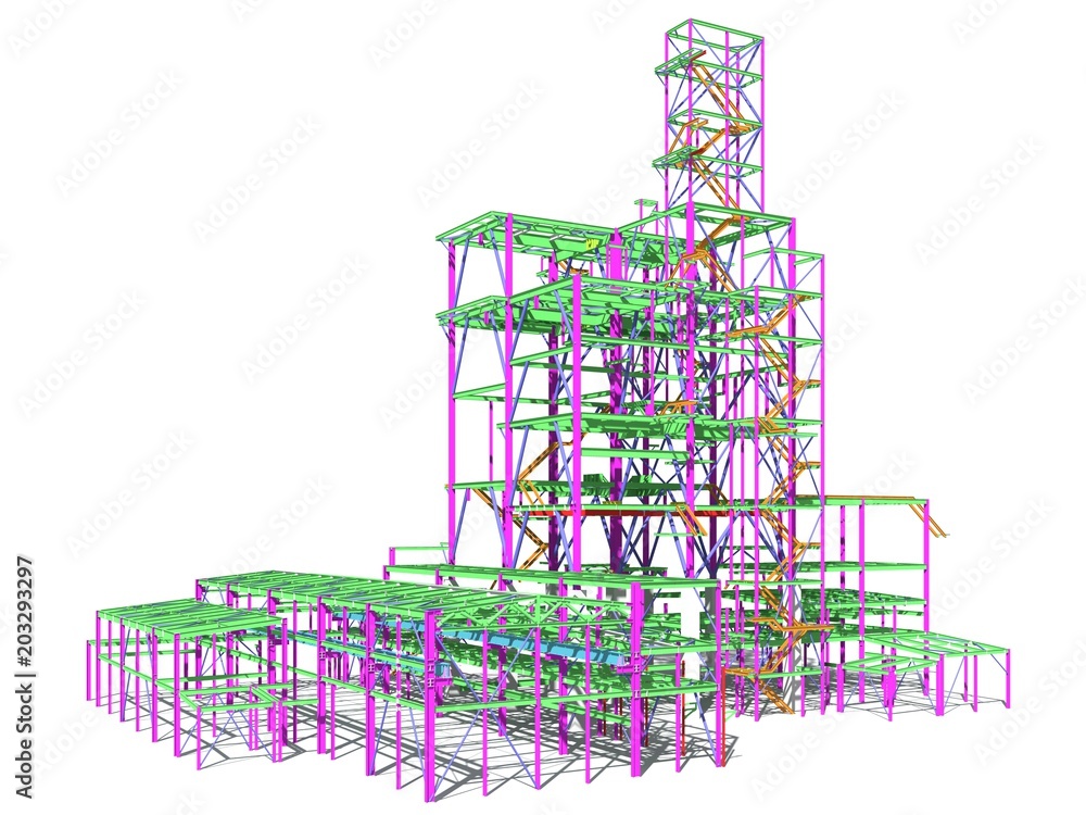 3D model of an industrial building made of metal structures. Abstract ...