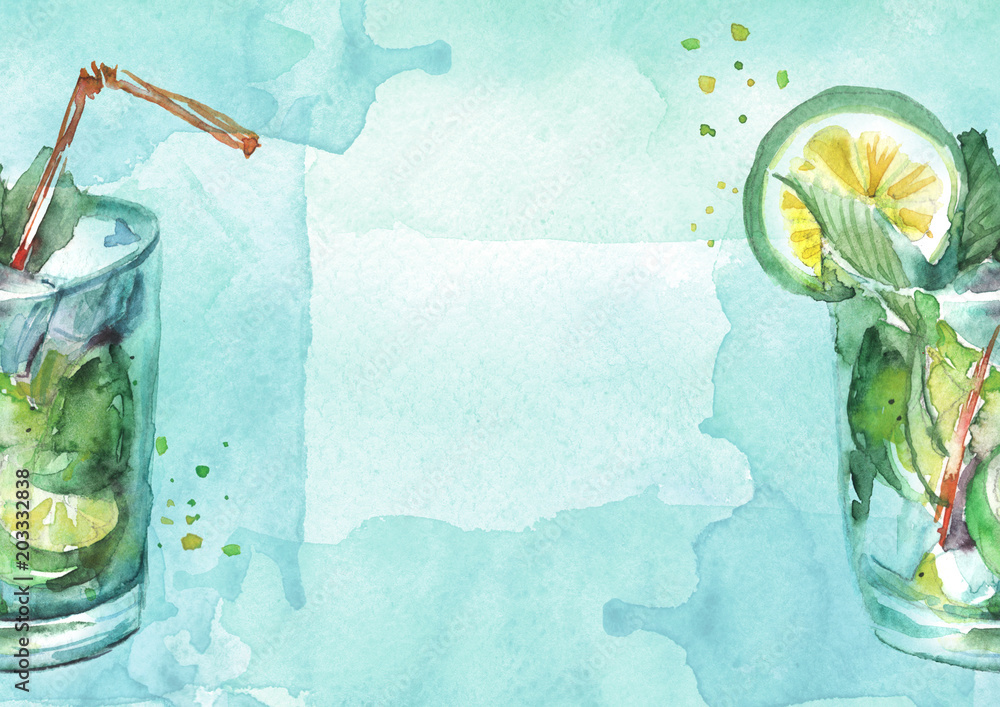 Watercolor drawing - cocktail of fruits, circe, lemon slice, lime, mint ...