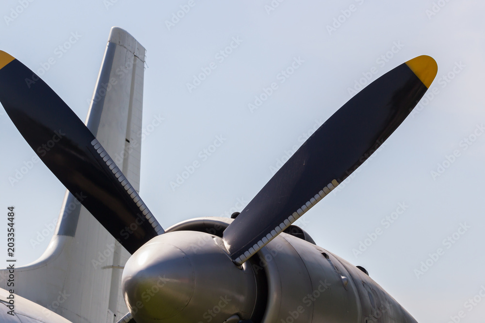 Close up of airplane turboprop engine with propeller, parts of aircraft ...