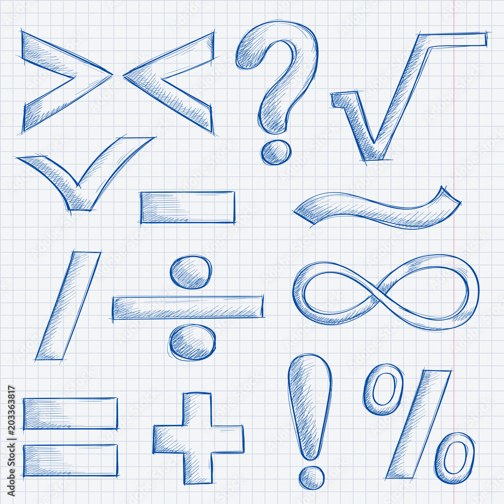 Mathematics and punctuation symbols. Hand drawn sketch on lined paper ...