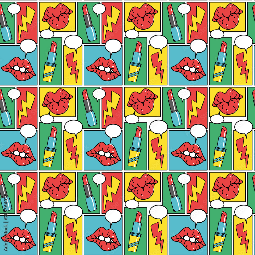 Colorful vector seamless pattern in pop art style with lips and comic ...
