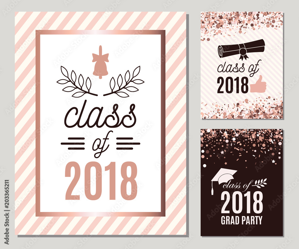 Graduate 2018 greeting cards set with rose gold confetti. Tree vector ...
