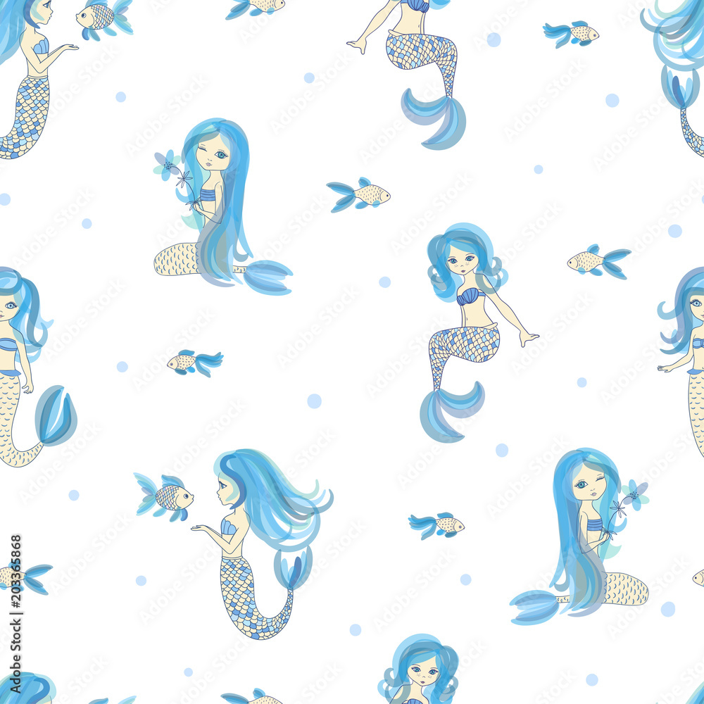 Cute little mermaid girls seamless pattern. Vector marine background ...