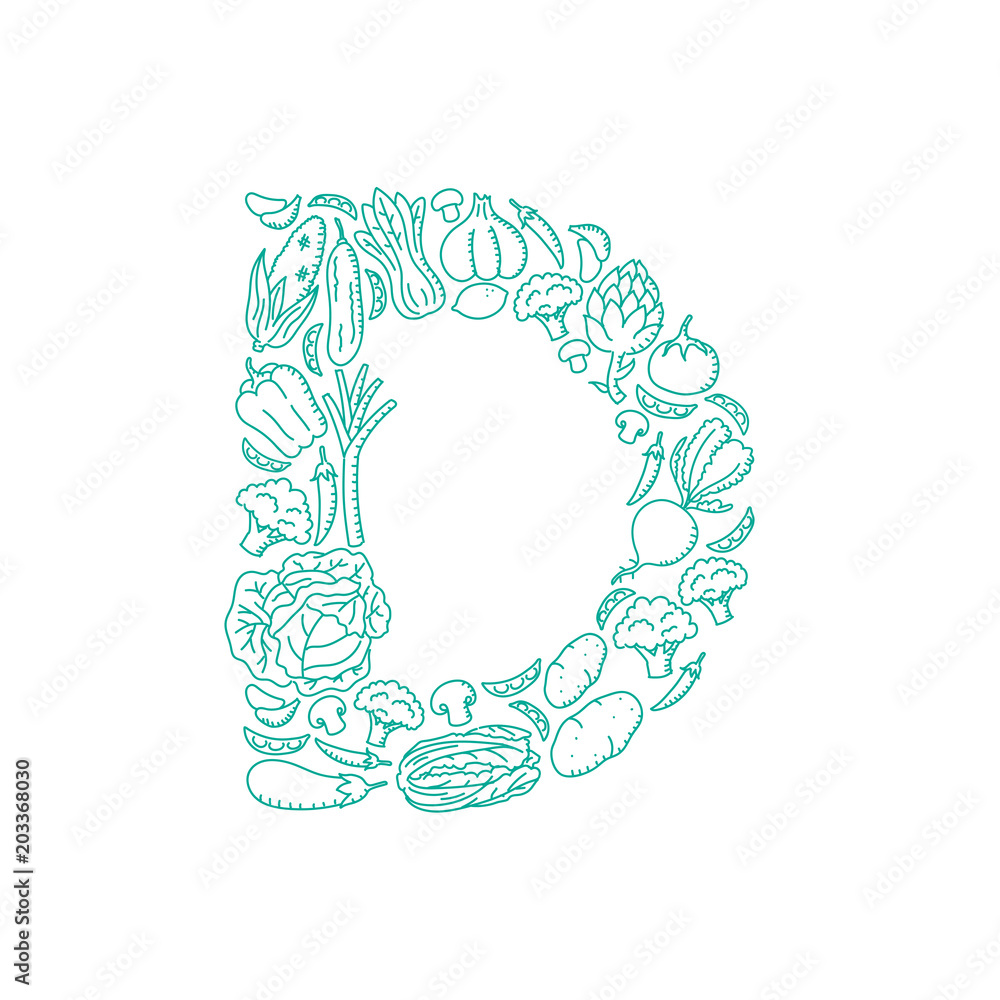 Alphabet Vegetable pattern set letter D illustration kids hand drawing ...