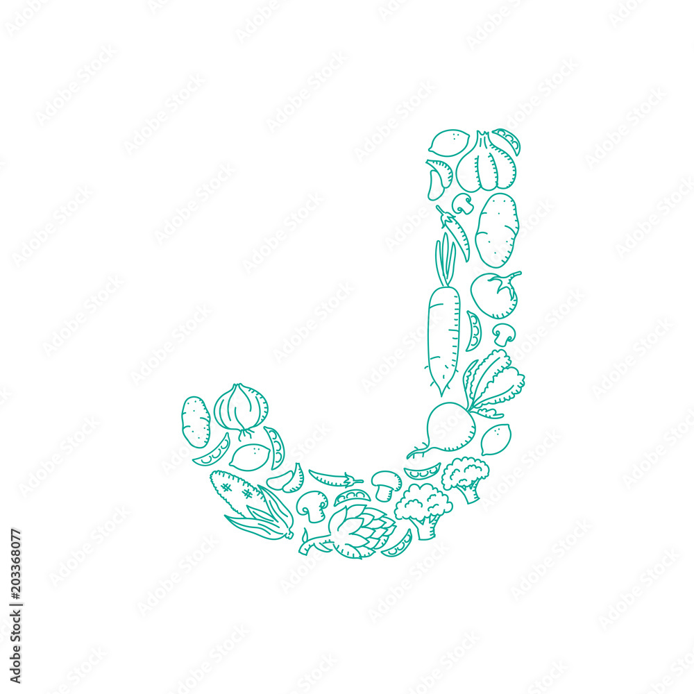 Alphabet Vegetable pattern set letter J illustration kids hand drawing ...