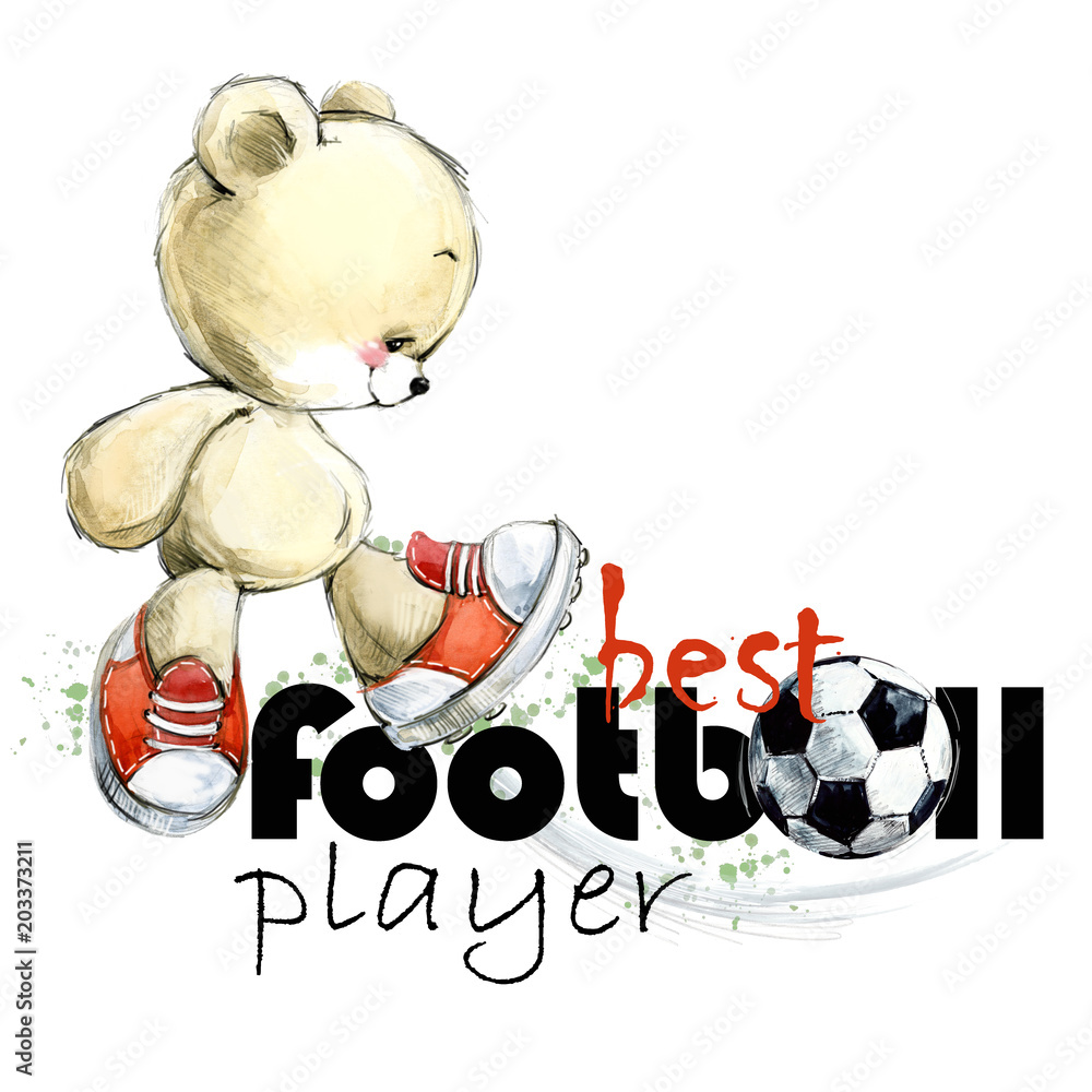 cute teddy bear Soccer player hand drawn watercolor illustration. Best ...