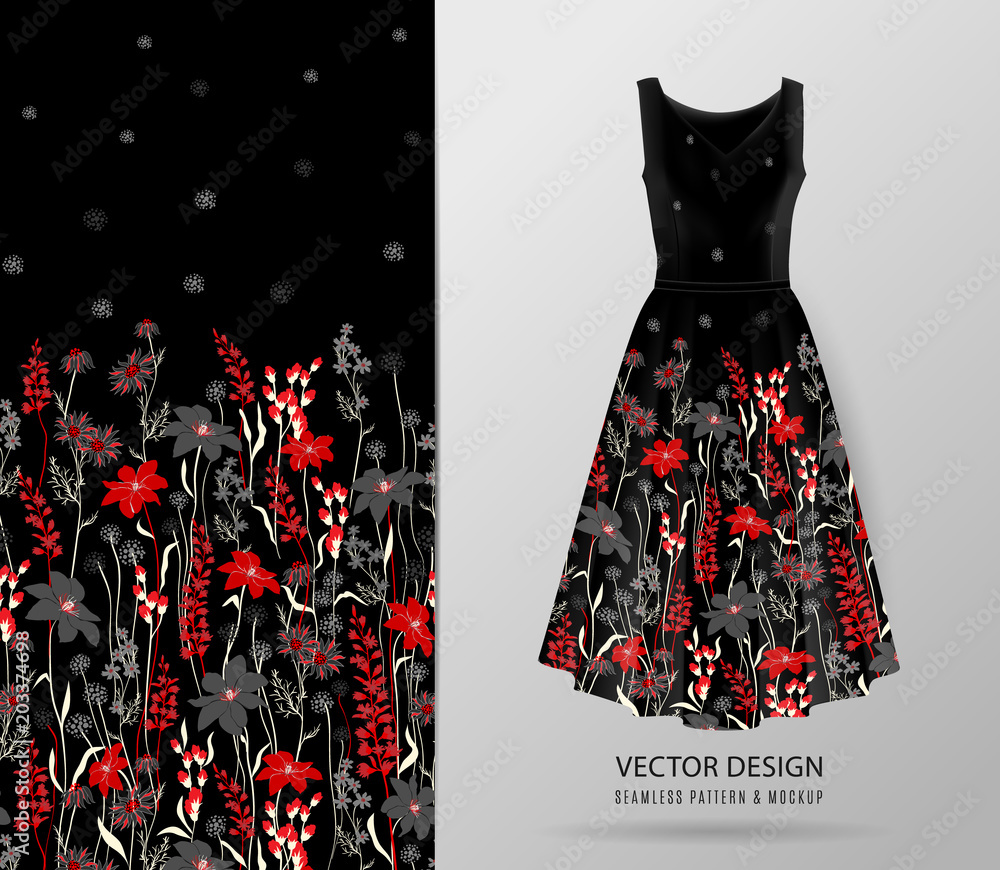 Hand drawn Floral pattern on dress mockup. Seamless vector texture ...
