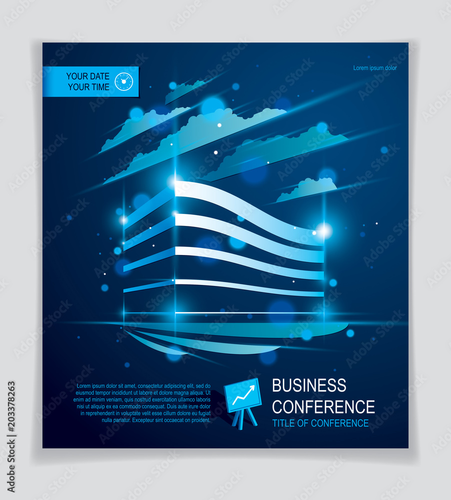 Office building brochure, modern architecture vector flyer with blurred ...