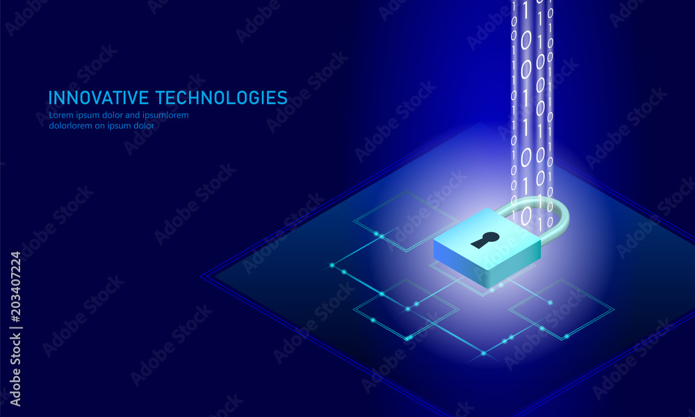 Isometric internet security lock business concept. Blue glowing isometric personal information ...