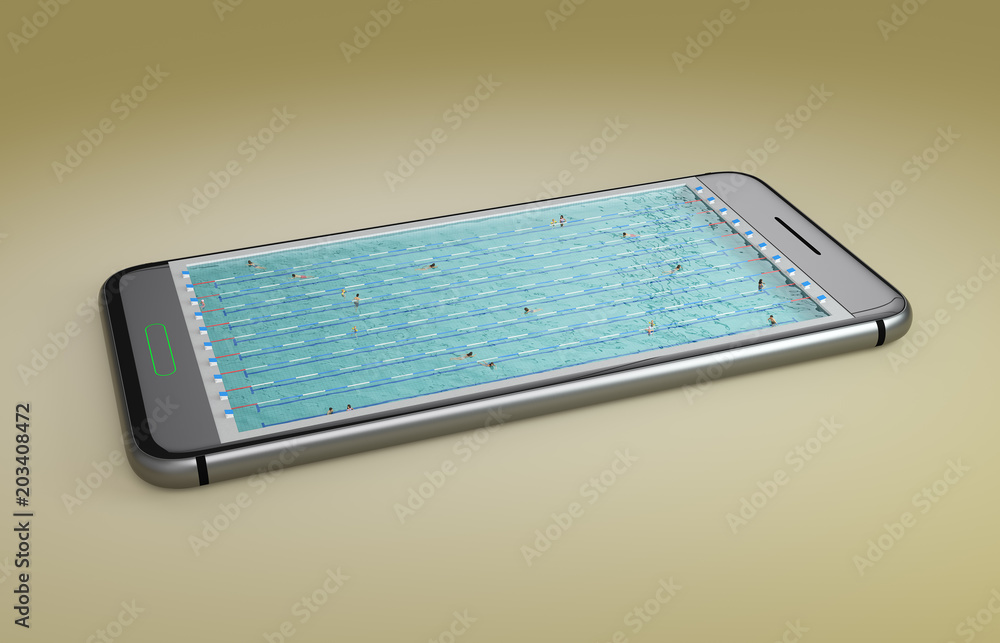 Mobile phone screen swimming pool game concept 3d illustration. Minimal ...