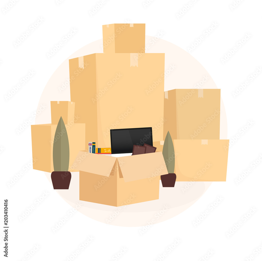 Moving Home, We are moved. Moving Truck with Boxes. Vector cartoon ...