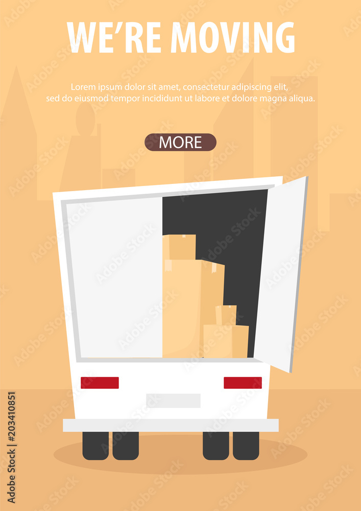 Moving Home, We are moved. Moving Truck with Boxes. Vector cartoon ...