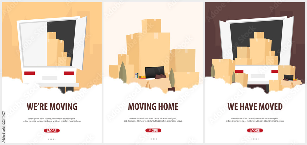 Set of Moving Home banners. Moving Truck with Boxes. Vector cartoon ...